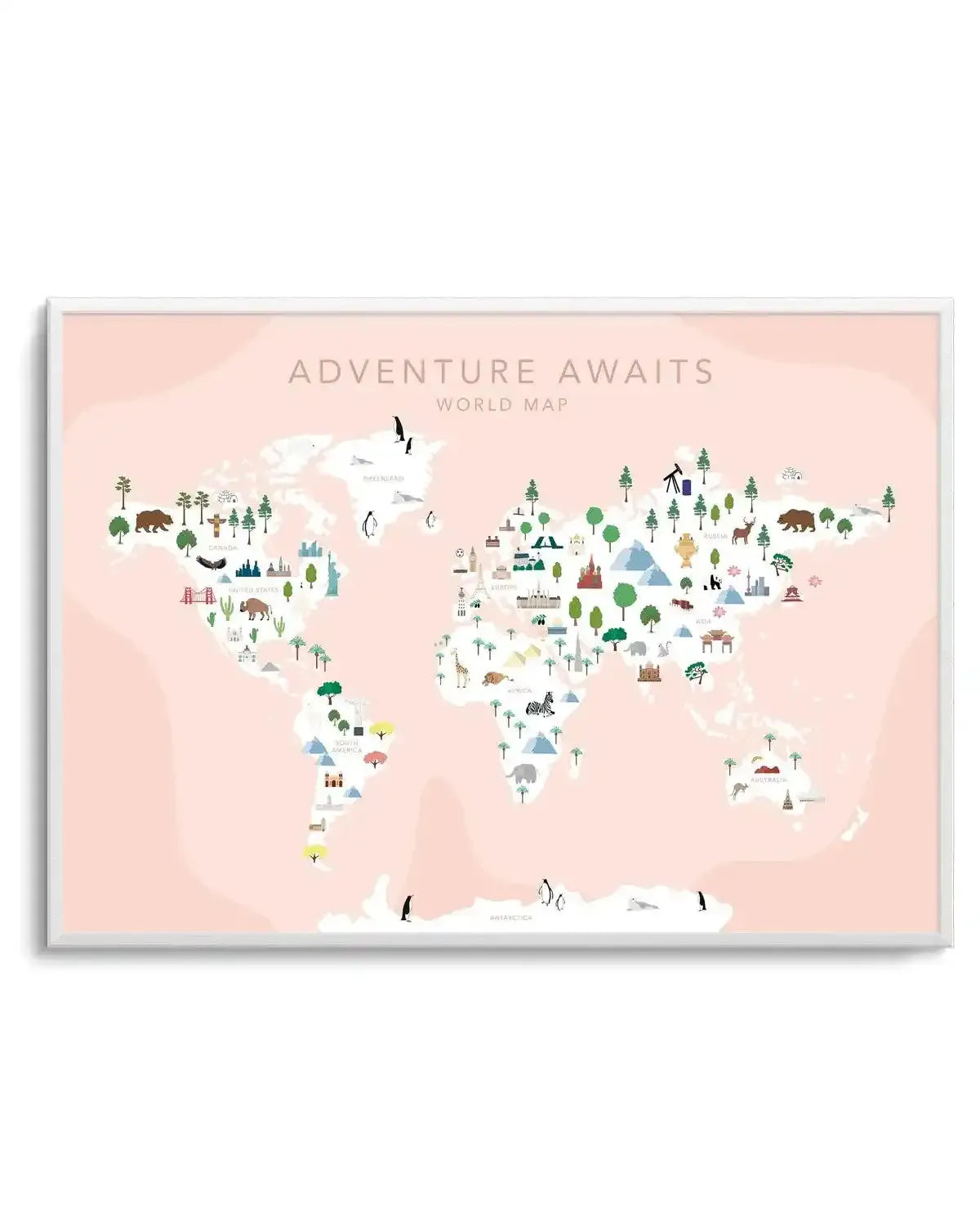 Adventure Awaits World Map in Blush art print for kid's bedroom – Olive ...