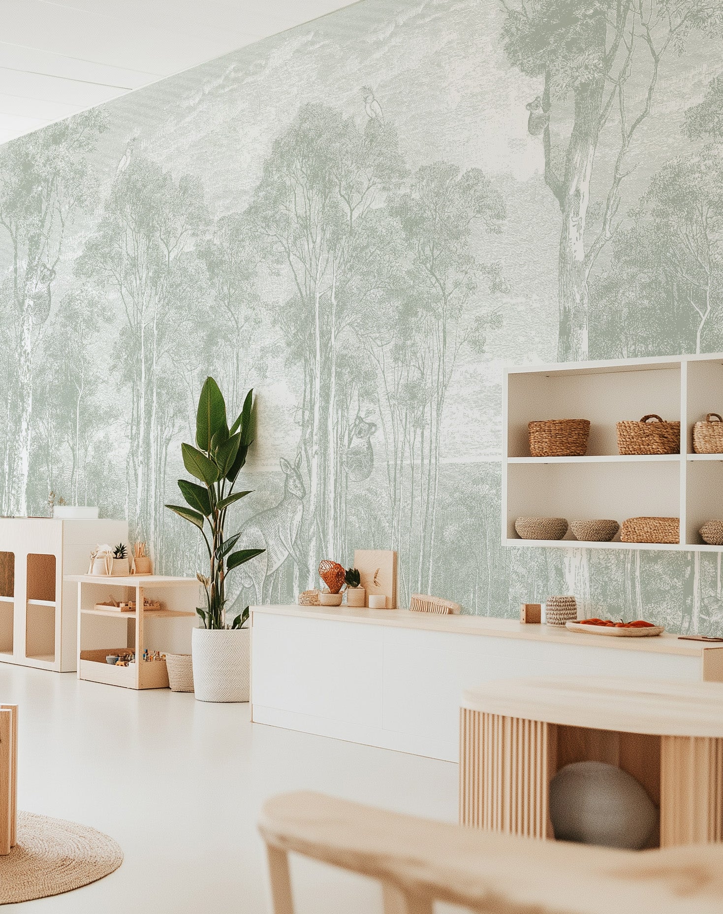 Australian Bush Animals Mural in Mist Green Premium Commercial Grade ...