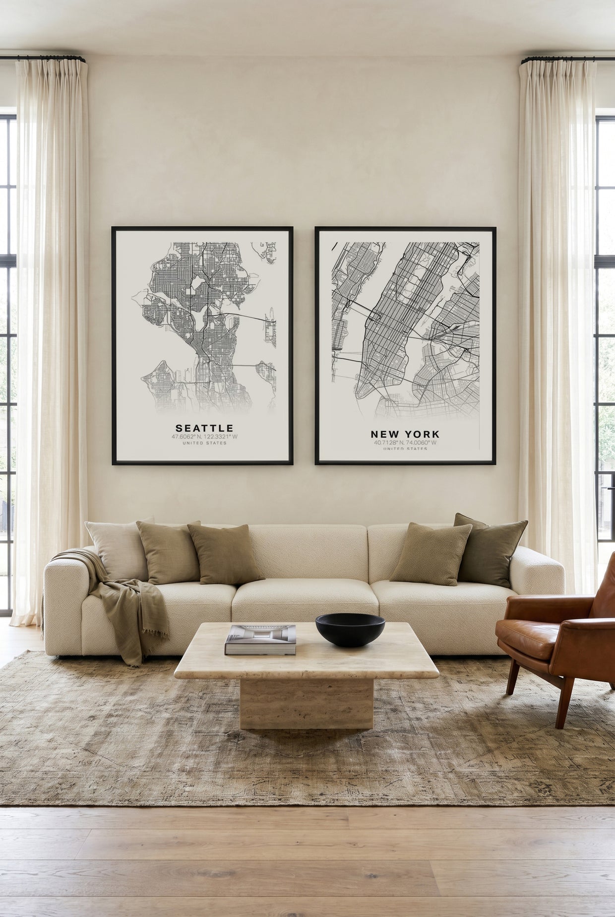Line Art Map of Seattle & New York Art Print Set of 2 | Matching Wall ...