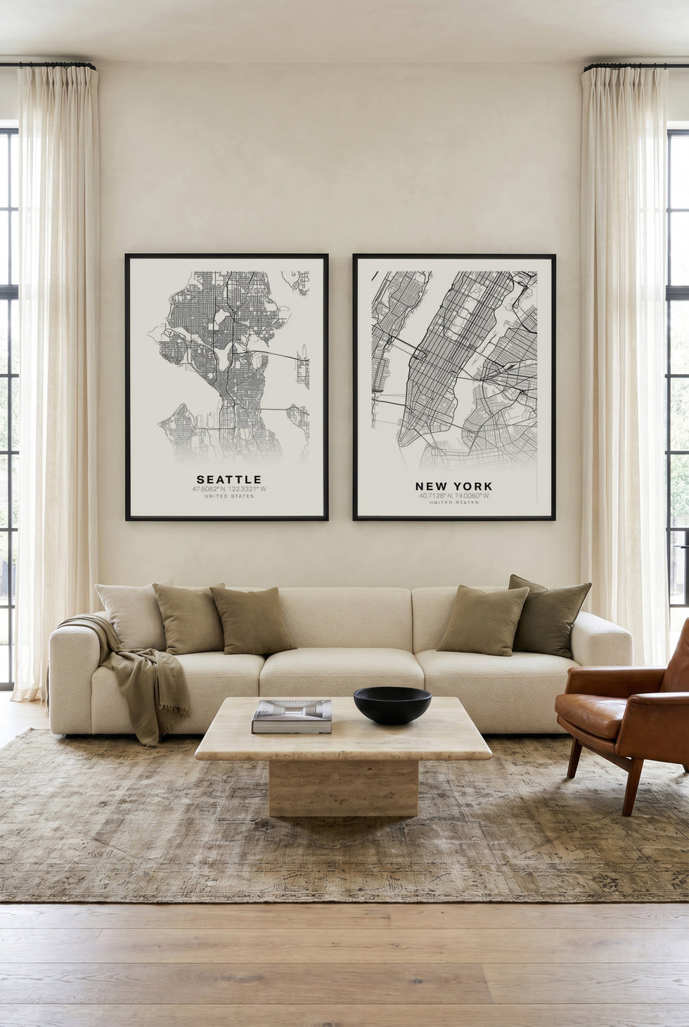 Line Art Map of Seattle & New York Art Print Set of 2 | Matching Wall ...