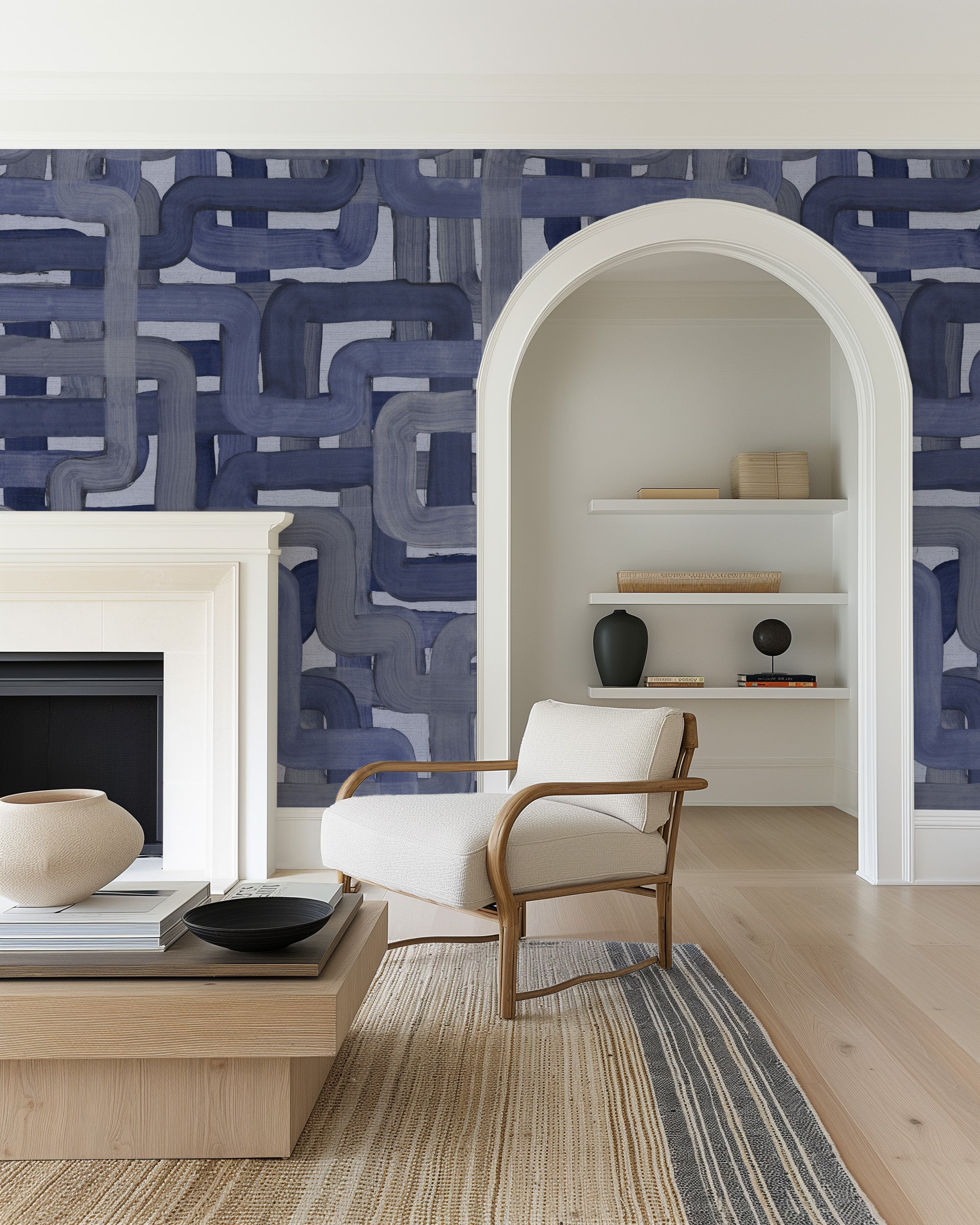 Painted Pathways in Navy Blue Hand Painted Designer Mural Wallpaper ...
