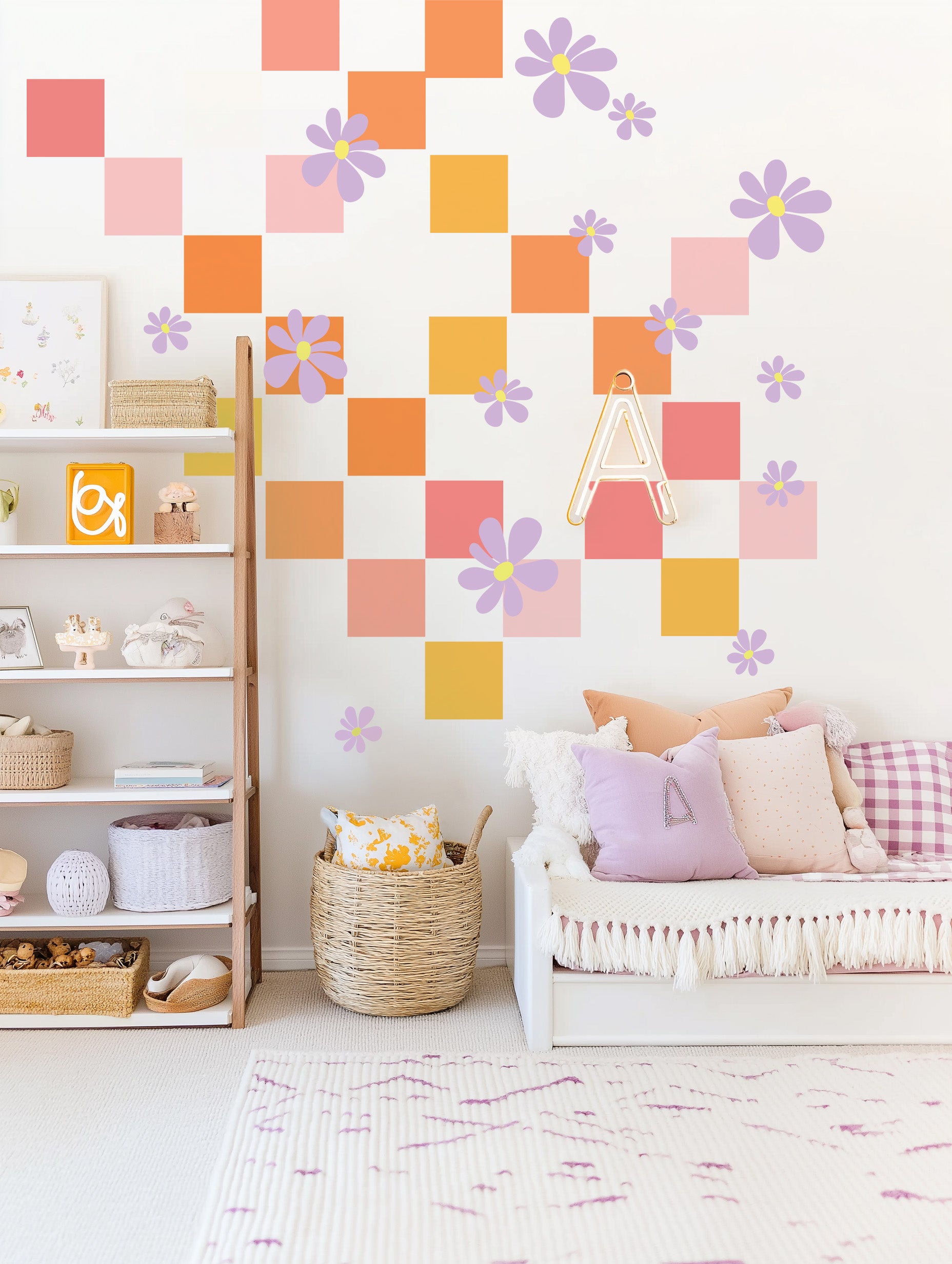 Preppy Checks & Flowers in Pink & Lilac Removable Fabric Wall Mural ...