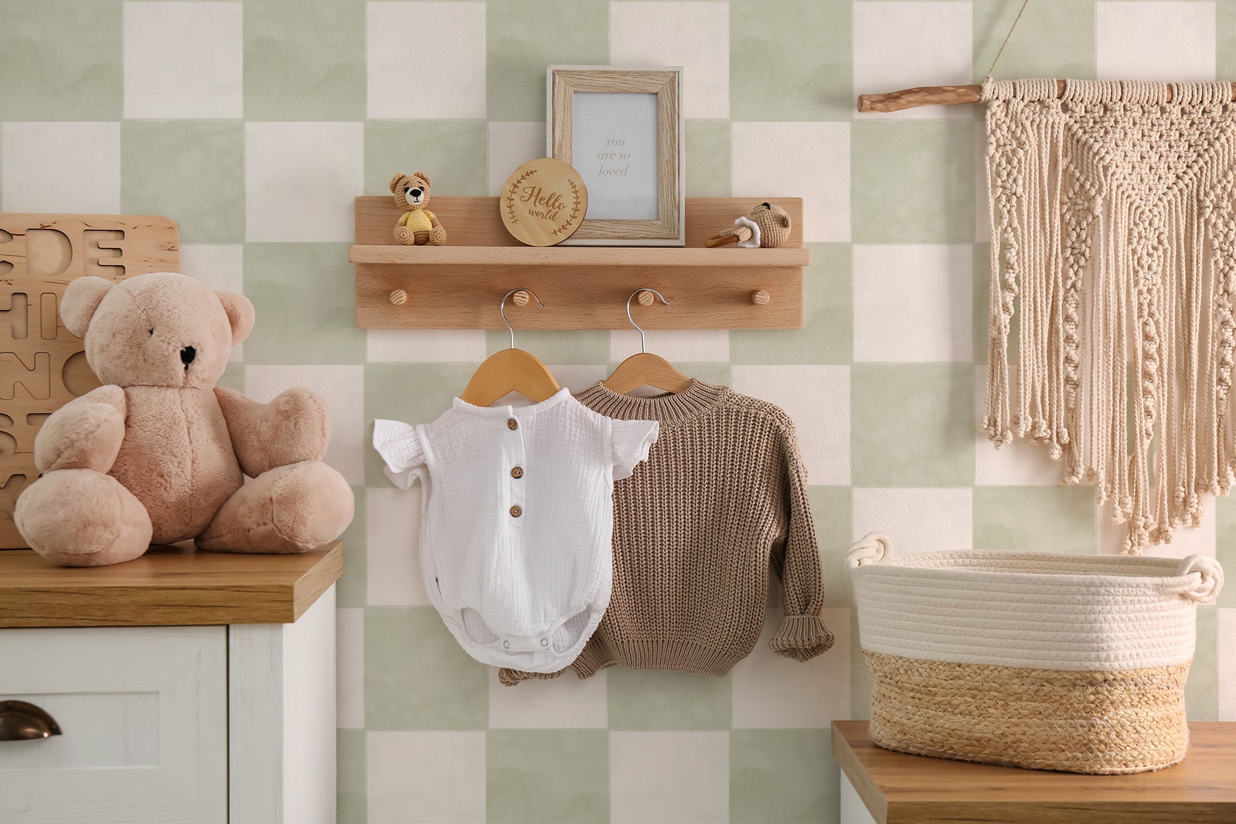 Large Watercolour Checks Wallpaper in Soft Watercolour Sage Green ...