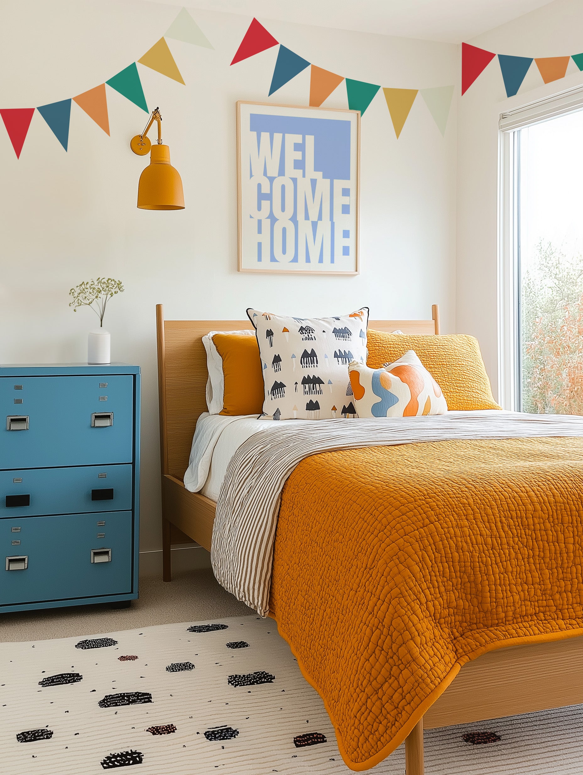 Triangle Bunting in Retro Rainbow Colours Removable Fabric Wall Mural ...