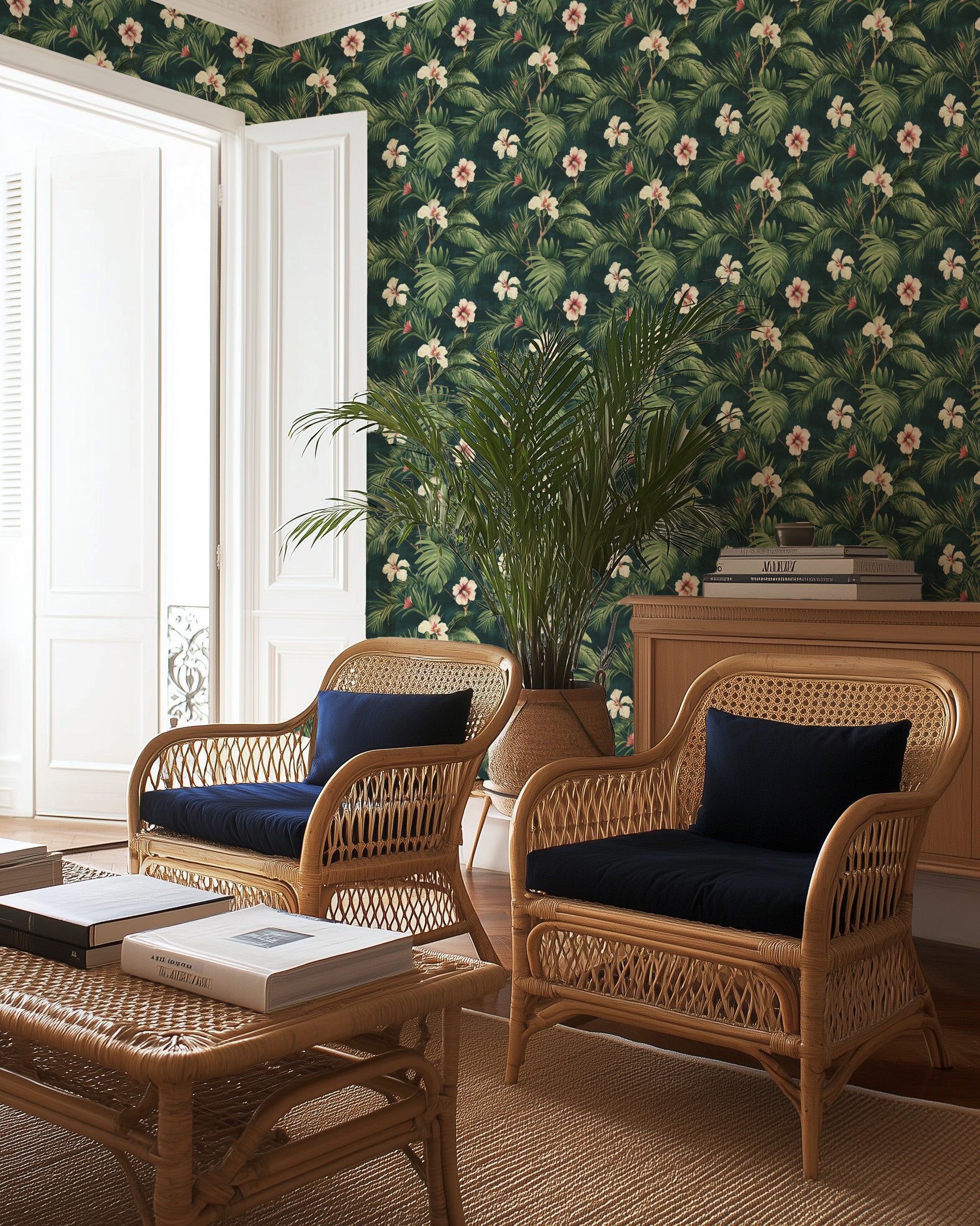 Island Colonial Emerald Green Wallpaper Removable Fabric Peel & Stick ...